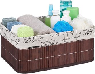 Relaxdays 5 x Aufbewahrungskorb Bambus, HBT: 16,5 x 38 x 28,5 cm, Regalkorb mit Griff, je 15 Liter, faltbar, zum Verstauen, braun