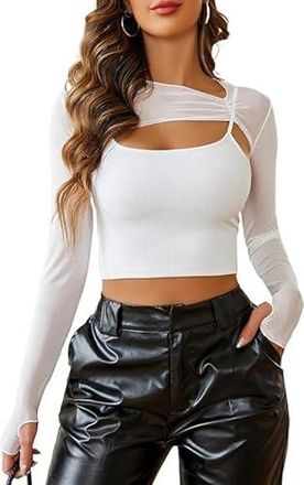 Avidlove Maillot de corps sexy en dentelle pour femme - Bustier sans ventre - Manches longues - 2 pièces - Clubwear - Basique - Crop - Bretelles spaghetti - Ca