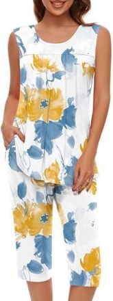 Generic Pyjama Femme Été 2 Pièces Ensemble Pijama Été Coton Loungewear Classique Adulte Confortable Set Pajamas Chemise San Manches Pantalon 3/4 Lingerie Noir