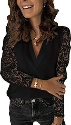 Onsoyours Femmes Dentelle Blouse Dames Casual Dentelle Polka Dot O Cou T-Shirt à Manches Longues Tops Blouse Manteau Femme Femme Chemise Noir 38