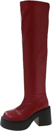 Generic Bottes hautes au genou pour femme - Bottes hautes en similicuir avec bout rond et talon bloc &eacute;pais, semelle antid&eacute;rapante de soutien et ajustement sta