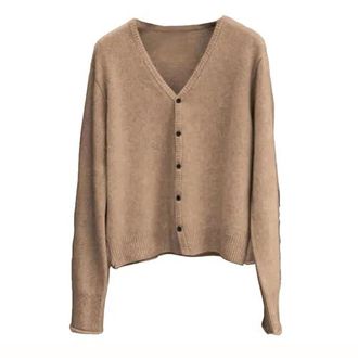 Generic Cardigan en laine &agrave; col en V pour femme - Pull chaud en peluche - Pour printemps et hiver - 100 % laine m&eacute;rinos, Camel, XL