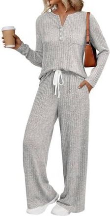 TOMWELL Pyjama Femme Hiver Ensemble Chic et Elegant Manches Longue Shirt et Pantalon &agrave; Jambes Larges A Gris S