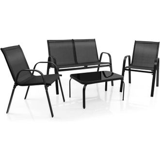 Costway Costway - Ensemble Salon de Jardin 4 Pi&egrave;ces, 2 Fauteuils 1 Canap&eacute; 1 Table Basse en Verre, pour Terrasse, Piscine, Patio, Balcon, Gris