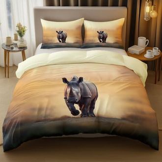 Generic Housse de Couette Faune Rhinocéros Film Réversible Literie Dété 240 x 220 cm avec 2 Taies doreiller 65 x 65 cm, Microfibre Parure de Lit Abricot pour 