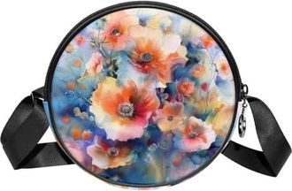 Generic Petit sac &agrave; bandouli&egrave;re circulaire pour femme, motif feuilles florales, sac &agrave; dos avec fermeture &eacute;clair, bretelles r&eacute;glables, sac &agrave; main rond d&eacute;contra