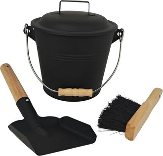 Relaxdays Ascheeimer mit Deckel, 4,5 Liter, inkl. Aschebesen & Kaminschaufel, Aschebeh&auml;lter mit Henkel, schwarz/Natur