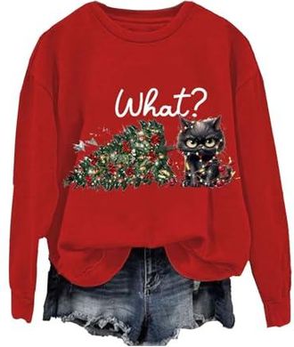 Generic Sweat-shirt de Noël pour femme - Motif chat amusant et mignon - Inscription « Say What » - Pull de Noël à manches longues - Pull confortable pour les 