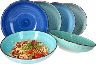 MamboCat Blue Spaghetti-Teller Set 6-teilig I Pasta-Teller tief Ø 23,5 cm I Salat-Schale 800 ml I Steingut-Set in 6 verschiedenen Blau-Tönen I Suppen-Schalen s