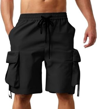 Generic Short longueur genou pour homme, short cargo cargo v&ecirc;tements de travail d&eacute;t&eacute; cordon de serrage couleur unie jogging pantalon noir taille &eacute;lastique res