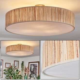HOFSTEIN Deckenleuchte Foggia, Deckenlampe aus Metall/Binsenstroh/Stoff/Kunststoff in Nickel-matt/Natur/Beige/Weiß, runde Boho Leuchte (Ø 60 cm), E27, Esszimme