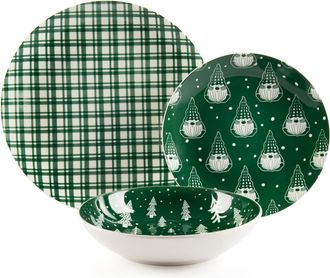 Excelsa Green Winter Porzellanteller-Service, 18-teilig, Gr&uuml;n mit Weihnachtsmotiven, flache Teller 27 cm, Boden 20,5 cm, Obst 20,5 cm