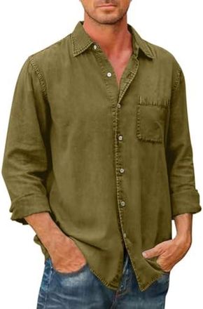 Onsoyours Chemise Jean Homme Manches Longues Chemise Décontractée Coton Chemises Hommes Couleur Unie Business Casual Bouton Shirts Regular Fit A Armée Verte XXL