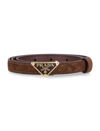 Prada G&uuml;rtel - Suede Belt With Triangle Logo Buckle - Gr. 80 - in Schwarz - f&uuml;r Damen