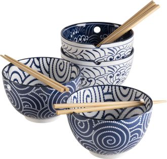 M&auml;ser Serie Jurka, Bowl mit Essst&auml;bchen f&uuml;r 4 Personen, asiatische Schale f&uuml;r Ramen, Pho und Nudel Bowls, Porzellan, Blau/Wei&szlig;