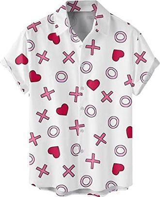 Generic Chemises boutonn&eacute;es pour homme printemps et &eacute;t&eacute; pour la Saint-Valentin 2026 - Revers d&eacute;contract&eacute; - Imprim&eacute; complet - Plage &agrave; manches courtes - Ext&eacute;rie