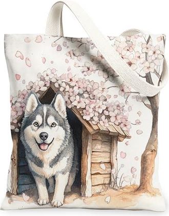 Generic Sac fourre-tout en toile motif chien malamutes de lAlaska pour le shopping 33 x 38 cm, sac &agrave; bandouli&egrave;re r&eacute;utilisable pour femme, peinture danimaux do