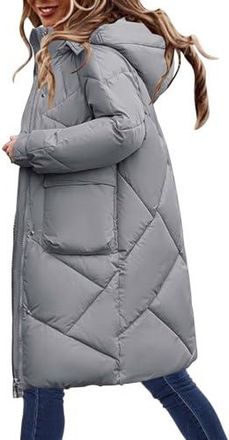 Generic Vestes pour femmes 2026 - Couleur unie - Doudoune &eacute;paisse - Manteau long &agrave; capuche rembourr&eacute; pour lhiver, gris, 3XL