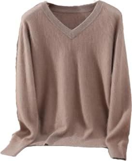 Generic Pull en cachemire de vison pour femme - Col en V - Coupe ajustée - Décontracté - Chaud - Manches longues, kaki, M