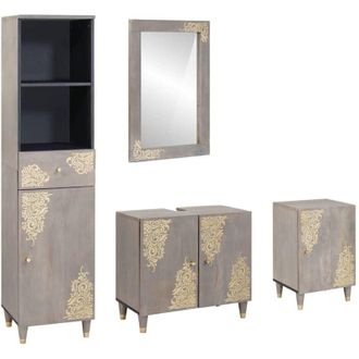 vidaXL Badezimmerm&ouml;bel Set 4 pcs Grau Massives, grobes Mangoholz vidaXL