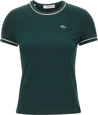 Lacoste T-shirt en jersey &agrave; bordures contrast&eacute;es - Femme - Tops - Vert - Taille: 40 FR