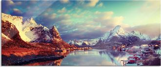 Pixxprint Glasbild Panorama, Wandbild aus Echtglas, Schneelandschaft in Norwegen, 120x50 cm, inkl. Aufh&auml;ngung und Abstandshalter