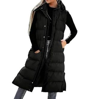 Generic Gilet bouffant long pour femme, capuche matelass&eacute;e et fermeture &agrave; boutons, veste longue sans manches pour lhiver chaud, Noir, 4XL