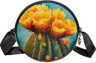 Generic Petit sac &agrave; bandouli&egrave;re rond pour femme, motif fleurs de cactus avec fermeture &eacute;clair, bretelles r&eacute;glables, sac &agrave; main rond d&eacute;contract&eacute; pour femmes et