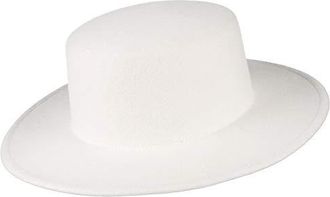 Eozy Chapeau en Feutre Laine Unisexe Casquette C&eacute;r&eacute;monie Soir&eacute;e Plat Classique Blanc Plaisancier Vintage Chapeau Trilby Fedora Mariage Voyage
