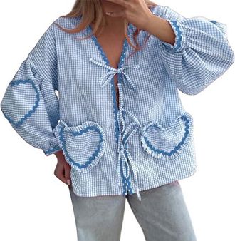 Generic Chemise à carreaux à manches longues pour femme, style décontracté, tendance, col en V, chemisier à carreaux, haut baggy, haut décontracté, chemise mo