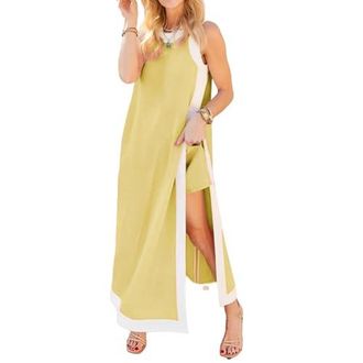Generic Ensemble 2 pi&egrave;ces pour femme - Robe longue sans manches - Style boh&egrave;me - Sans manches - Avec poches, jaune, XXL
