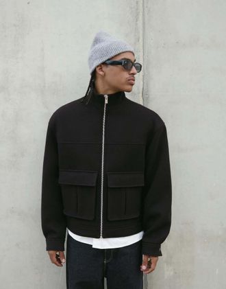 Bershka Veste coupe carrée avec fermeture éclair - Noir texturé