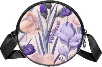Generic Petit sac &agrave; bandouli&egrave;re circulaire pour femme, motif fleurs sauvages, lavande sauvage, sac &agrave; dos &agrave; bandouli&egrave;re r&eacute;glable, sac &agrave; main rond d&eacute;contract&eacute; p