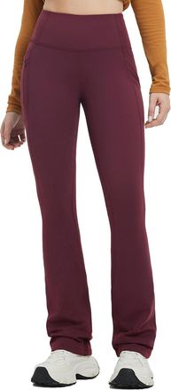 Baleaf Damen Thermo Flared Leggings mit Taschen High Waist Fleece gef&uuml;tterte Thermohose Thermal Leggings Bootcut Winter Warm Jogginghose Slim Fitness Rot XXL