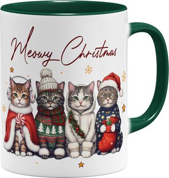 OM3 Meowy Christmas Kaffee-Tasse mit s&uuml;&szlig;en K&auml;tzchen - Weihnachtstasse 4 Katzen - Keramik Becher - 325ml - Beidseitig Bedruckt - Gr&uuml;n