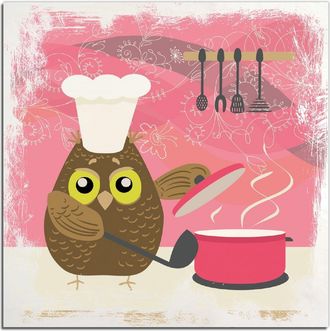 Wallario Wandbild aus Holz Lustige Eule beim Kochen mit Kochmütze - 40 x 40 cm in Premium-Qualität: Brillante Farben