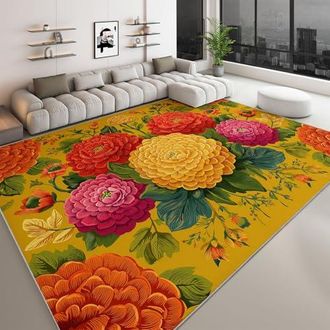 Generic Tapis Jaune Moutarde Lavable pour Salon, Tapis &agrave; Poils Courts Antid&eacute;rapant R&eacute;tro &Eacute;l&eacute;gant Fleurs Vibrant pour Enfants Bureau Salle &agrave; Manger Cuisine et 