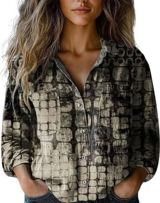 Generico Chemise Femme D&eacute;contract&eacute;e &agrave; Manches Longues Chemises en Lin Coton Courb&eacute; Grande Taille Chemisier Col en V Classique Blouse Vintage Imprim&eacute; avec Bouto
