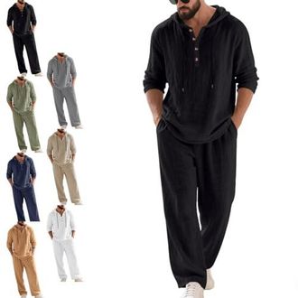 Generic Ensemble haut et pantalon ample d&eacute;contract&eacute; pour homme 2 pi&egrave;ces Sweat &agrave; capuche Henley Chemise et pantalon long Ensemble &eacute;t&eacute; Plage Vacances Tenues, No