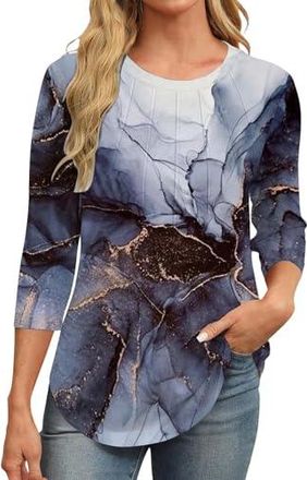 Generic Tunique d&eacute;contract&eacute;e &agrave; manches longues pour femme - Col rond - Couleur unie - Surdimensionn&eacute;e - Manches 3/4 - Tunique d&eacute;contract&eacute;e Y2K - Chemisier de 