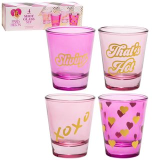 Paris Hilton Set mit 4 Schnapsgl&auml;sern, lustige Aufkleber auf jedem Glas, 500 ml, Hot Pink und Hellrosa