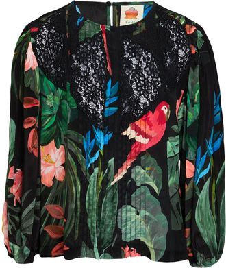 Farm Rio MIDNIGHT MACAW FIESTA BLACK BLOUSE