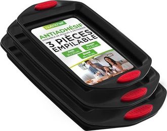 Nutrichef NutriChef Set 3 Moules &agrave; Cuisson - Acier Carbone Premium, Antiadh&eacute;sifs, Anses Silicone, Grand/Moyen/Petit, Sans PFOA/PFOS/PTFE, Noir