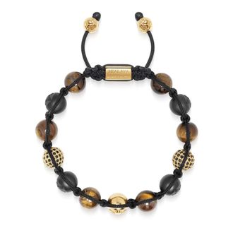 Nialaya Homme, Accessoires, Jaune, Taille: XL Mens Beaded Bracelet with Matte Black Ceramic Beads, Tiger Eye, Gold & CZ Balls
