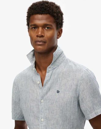 Superdry Sd - Besticktes Urlaubshemd aus Leinen in Marineblau mit Ticking-Streifenmuster