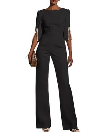 Minetom Combinaison Femme Chic Col Rond Jumpsuit Une Pi&egrave;ce Tenue Soir&eacute;e F&ecirc;te Overall A Noir XXL