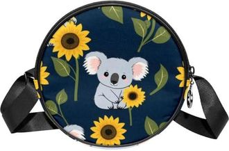 Generic Sac &agrave; bandouli&egrave;re rond pour femme, motif feuilles de koalas, petit sac &agrave; bandouli&egrave;re avec fermeture &eacute;clair, bretelles r&eacute;glables, sac &agrave; main rond d&eacute;con