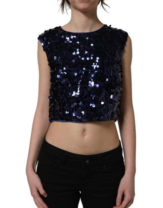 Dolce & Gabbana Womens Blue Sequined Sleeveless Cropped Tank Top Nylon
