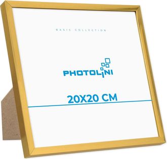 Photolini Bilderrahmen 20x20 cm Gold, Kunststoff-Rahmen schmal, bruchsicheres Acrylglas, zum Aufstellen und Aufhängen, extra Zubehör - Dokumentenrahmen für Urku