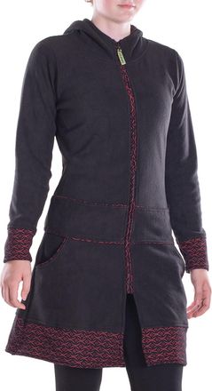 vishes Alternative Bekleidung - lange Kapuzenjacke Damen Fleece Hippiemantel &Uuml;bergangsjacke schwarz-dunkelrot 32-34